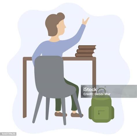 유럽 학생은 교과서 가방 옆 테이블에 앉아 질문에 답하기 위해 손을 듭니다 가방에 대한 스톡 벡터 아트 및 기타 이미지 가방