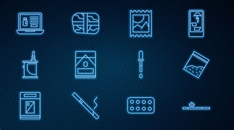 세트 라인 아편 파이프 약물의 비닐 봉지 Lsd 산 마크 담배 팩 상자 전자 담배 마약 온라인 노트북 구매 피펫 및 코카인 아이콘과 패키지 벡터 0명에 대한 스톡 벡터 아트