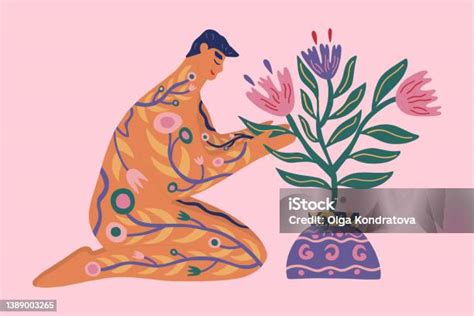 정신 건강의 추상적 인 개념 꽃에 남자와 포스터 삶의 상징 긍정적 인 사고 자기 관리 아이디어 자연과 생명의 권능과의 단합 벡터 손으로 그린 그림 하트 모양에 대한 스톡