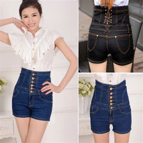 Womens Jeans Breasted High Waist Denim Shorts Waist Was Thin Vintage