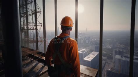 Engineer Man In Hardhat Helmet Overlooking Big Construction Building Project Generative Ai
