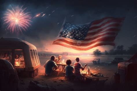 Celebrating 4th Of July Firework Us Flag In The Sky Stock Illustration