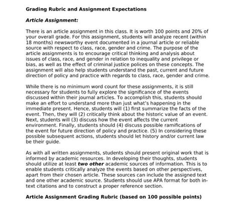 Grading Rubric And Assignment Expectations Article