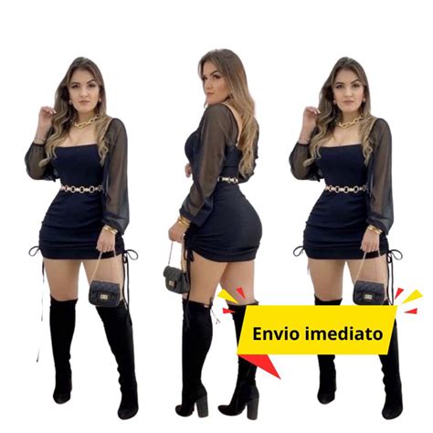Vestido Feminino Manga Longa Moda Gringa Franzido Manga De Tule Preto