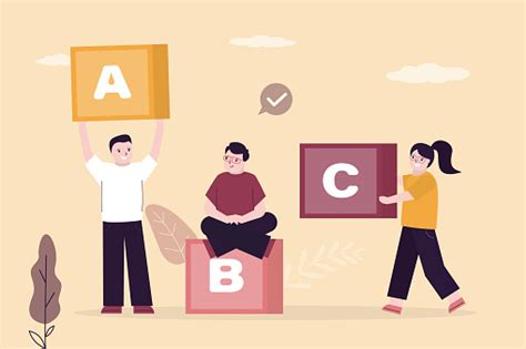 세 명의 학생이 알파벳 블록을 들고 있습니다 공부하고 배우는 행복한 아이들 교육 개념 배너입니다 Abc 블록이 있는 백인