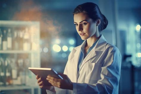 Premium Ai Image A Woman In A Lab Coat Using A Tablet Computer