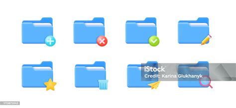 컴퓨터 폴더의 3d 아이콘 세트 앱 인터페이스용 파일 디렉터리 웹 사이트 인쇄 배너 소프트웨어 응용 프로그램에 대한 3 차원 벡터 일러스트레이션 컬렉션 추가 편집 삭제 제거