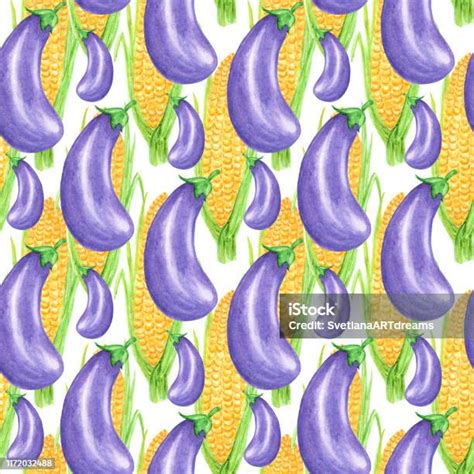 야채 노란색 옥수수와 보라색 가지의 원활한 패턴 수채화 그린 컬렉션입니다 흰색 배경에 손으로 그린 신선한 채식 주의 자 음식 패브릭 가을 감촉 가을에 대한 스톡 벡터 아트