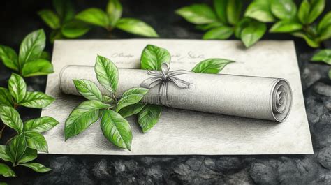 A Creative Pencil Drawing Of A Rolled Scroll Tied With Ribbon Generativeai Stock Illustration