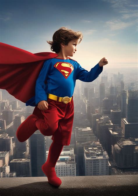 Boy Dressed As Superman Soaring Above An Urban Skyline By Ionic Report