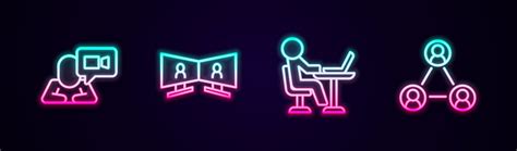 회선 화상 채팅 회의 프리랜서 및 회의를 설정합니다 빛나는 네온 아이콘입니다 벡터 Brand Name Online