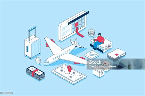 3d 아이소메트릭 디자인으로 비행 컨셉을 예약합니다 사람들은 여행 목적지를 선택하고 경로를 만들고 비행기 티켓을 주문하고