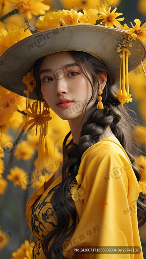 Ai创作图一位穿着黄色服装的女模特。她戴着一顶宽边帽 头发卷曲 面带微笑。她的衣服上装饰着大朵的黄色花朵 与背景中的黄色花朵相呼应 营造出一种和谐、自然的氛围。生成高清3d图片nipic