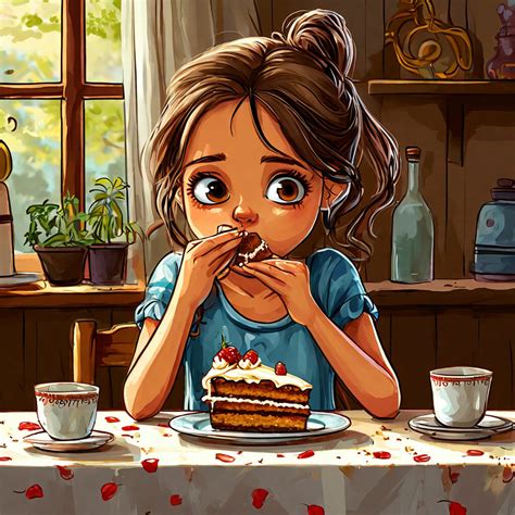 Girl At The Table Eating A Piece Of Cake Cartoon — Image Created In