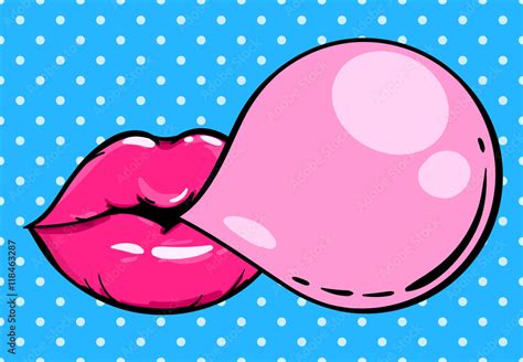 Woman Pink Lips With Gum Bubble On Pop Art Background Vector