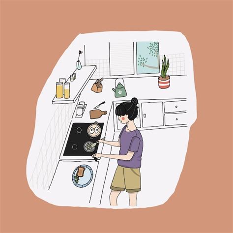 Linda Chica Está Cocinando En La Ilustración De La Cocina Vector Premium
