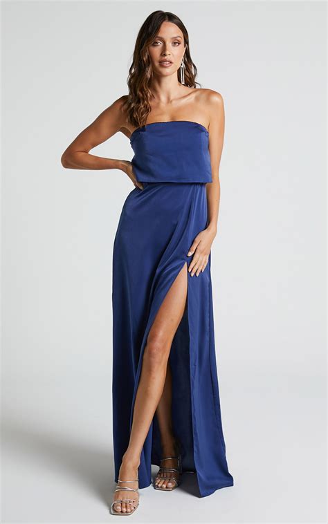 Rhyanna Maxi Dress Strapless Thigh Split Satin Dress In Navy Showpo Usa