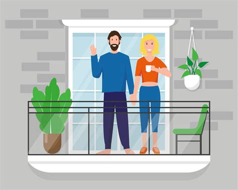 Man And Woman On The Balcony With Chair And Plants Coronavirus