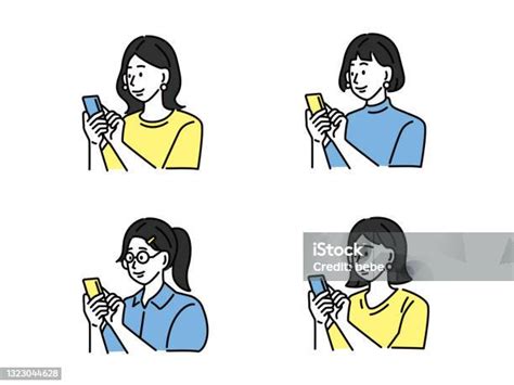 스마트폰 Sns 소셜 무현금 네트워크 셀카 검색 전화로 손 연구를 하는 여성의 일러스트레이션 Qr 코드 휴대용 통신 기기에 대한 스톡 벡터 아트 및 기타 이미지 Istock