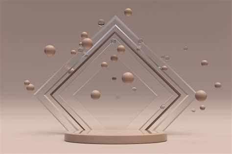 비행 거품과 빈 둥근 연단과 3d 배경 구체가 있는 베이지 색 추상적인 디자인 0명에 대한 스톡 사진 및 기타 이미지 0명