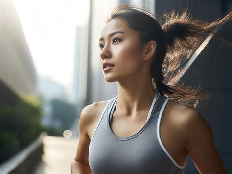 Asian Woman Jogging Next To A Building Wall Focused On Her Workout