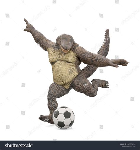 Crocodile Man Kicking Football Ball 3d Stock Illustration 1861578784