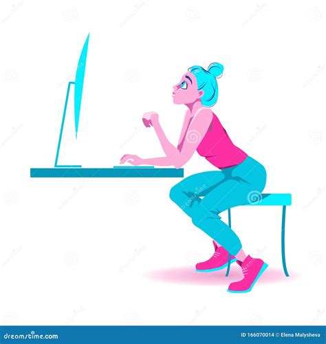 Young Girl Sitting At A Computer Online Work Training Shopping