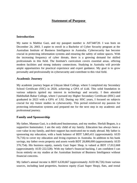 Visa Statement Of Purpose Of Mahfuz Gazi Aibi Cybersecutity Pdf