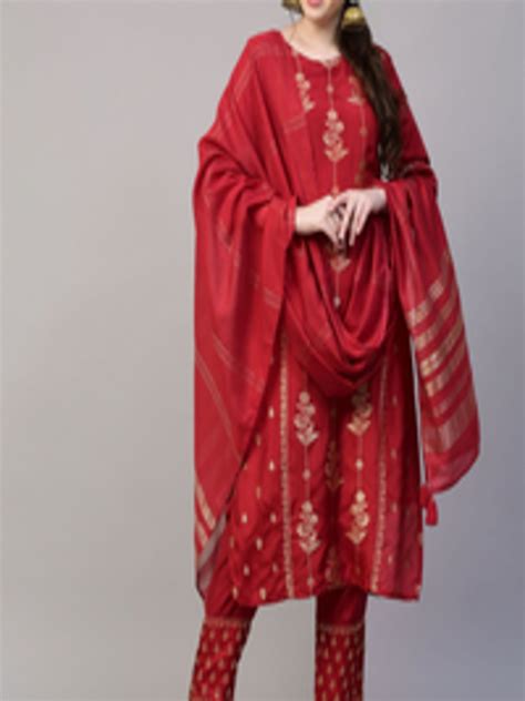 Buy Fashor Women Red Ethnic Motifs A Line Kurta With Trousers And Dupatta