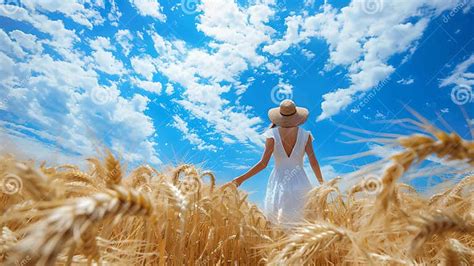 Woman In White Dress Enjoying Freedom In Golden Wheat Field Under Blue