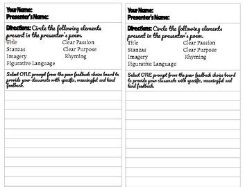 Peer Poetry Feedback Form By Lone Star State ELA TPT
