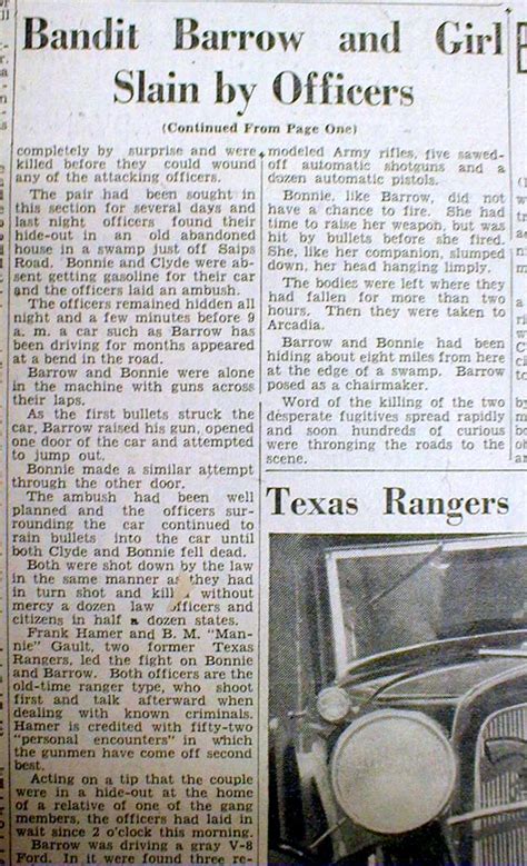 1934 Headline Display Newspaper Outlaw Bonnie And Clyde Shot Dead By