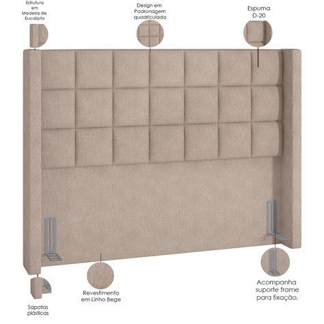 Cabeceira Cama Box Casal King 195 Cm P05 Paris Linho Bege Lyam Decor Cabeceiras Casal Lyam