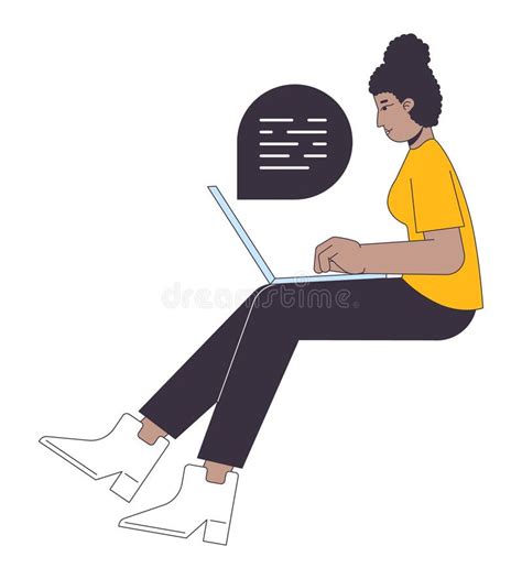 African American Girl Typing On Computer Flat Line Color Vector Character Stock Vector