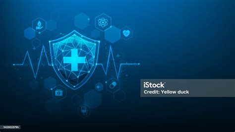 건강 의료 보험 디지털 기술 보호 어두운 배경에 파란색 치유 방패와 병원 아이콘이있는 육각형 의료 및 의료 벡터 일러스트 레이 션 디지털 환상적인 디자인 건강관리와 의술에