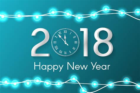 청록색 새 해 2018 개념에 현실적인 크리스마스 불빛 반짝 배경 빈티지 시계 골드 숫자와 벡터 인사말 카드 일러스트 2018
