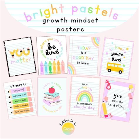 Growth Mindset Editable Classroom Printable Posters Bright Rainbow