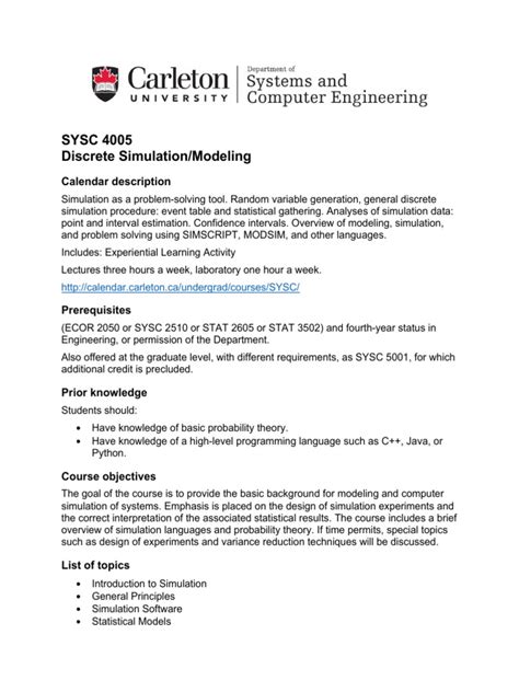Sysc4005 Course Outline Winter 2023 Pdf Simulation Statistics