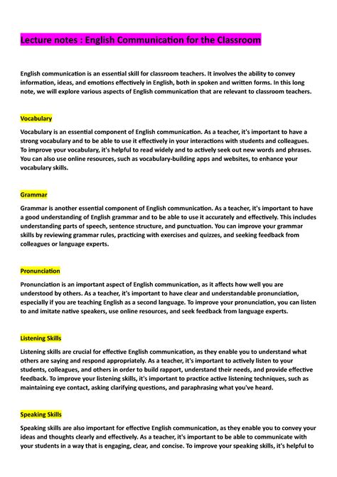 Lecture Notes English Communication For The Classroom Lecture Notes
