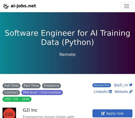 Hiring Freelance Contract Usd 72k 104k Software Engineer For Ai Training Data Python