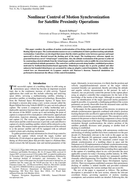 Pdf Nonlinear Control Of Motion Synchronization For Satellite Proximity Operations