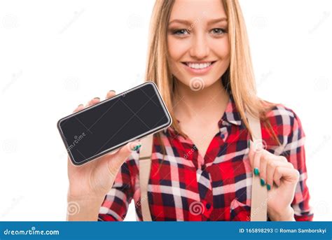 Cheerful Girl Showing Screen Of Phone And Smiling Stock Image Image