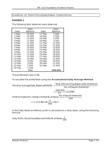 Isf 1101 Islamic Finance Profit Computation Examples Pdf Deposit