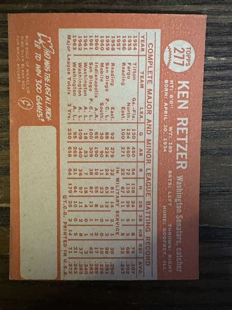 1964 Topps 277 Ken Retzer Baseball Card Washington Senators Ebay
