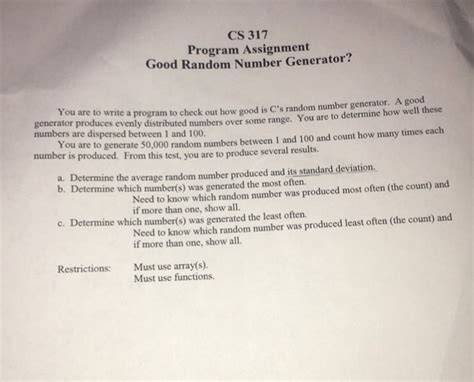 solved cs 317 program assignment good random number