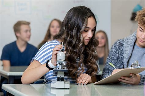 파트너와 함께 고등학교 과학 수업에서 일하는 십대 소녀 Stem 주제에 대한 스톡 사진 및 기타 이미지 Stem 주제 검사