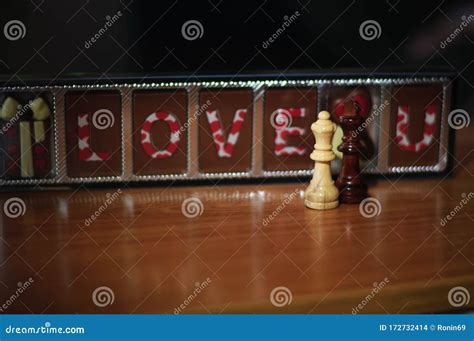 Chess Pieces White Queen And Black King Love Inscription On Background