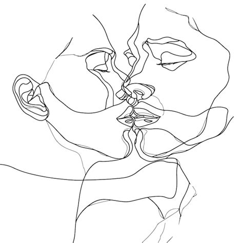 키스 하는 커플 의 간단 한 추상적 인 선 그리기 일러스트레이션 프리미엄 벡터