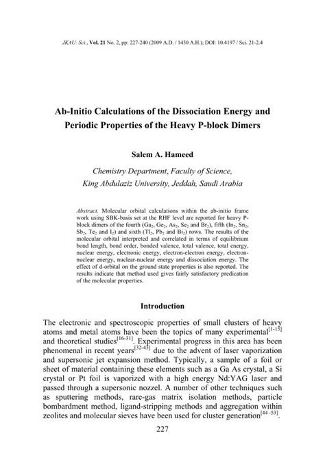 Pdf Ab Initio Calculations Of The Dissociation Energy And · S A