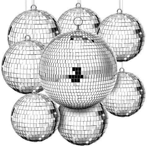 Haull 8 Pcs Large Disco Ball Set Silver Mirror Disco Balls Reflective Ball With Hanging Ring